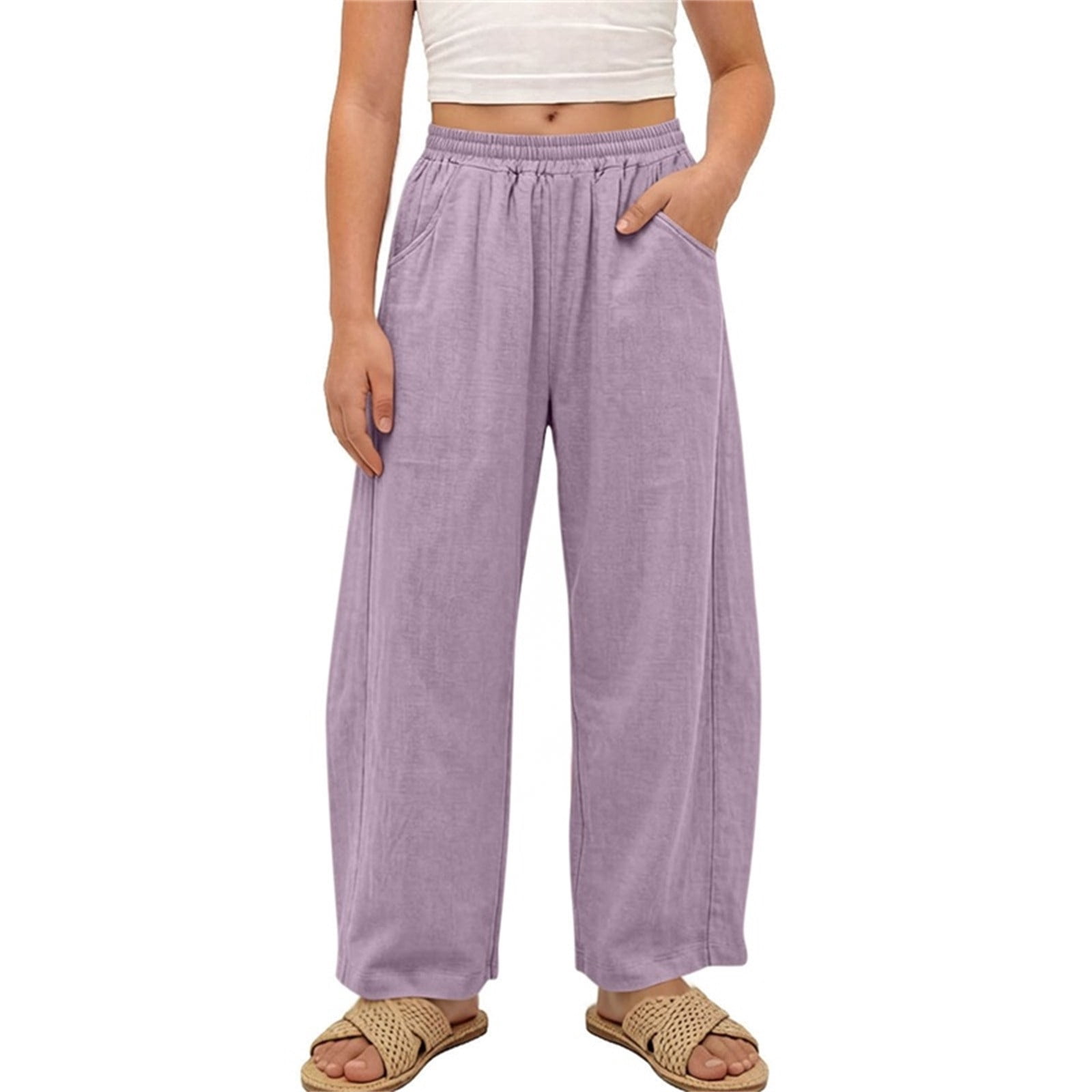 AGKIZG Solid Color Curved Pants Thin Proof Elastic Waist Casual Sports ...