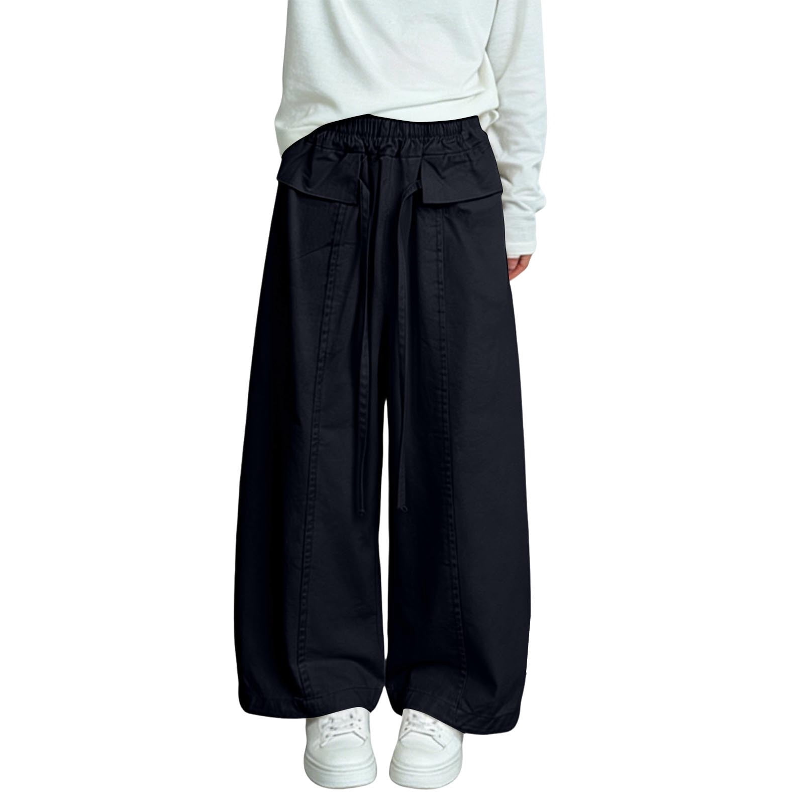 AGKIZG Solid Color Elastic Waist Straight Leg Curved Casual Long Pants ...