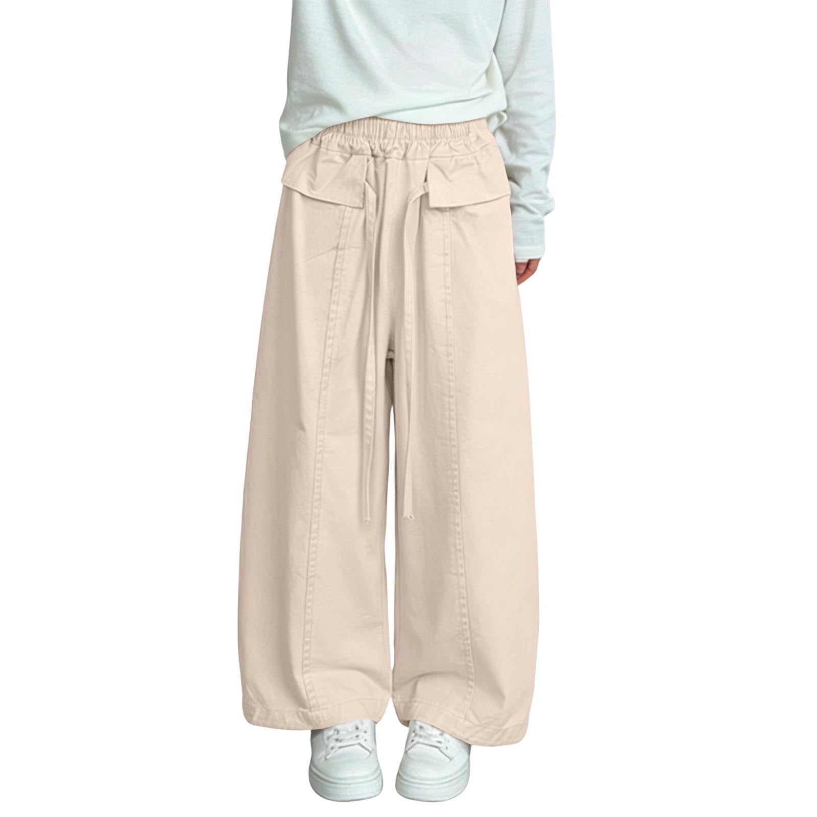 AGKIZG Solid Color Elastic Waist Straight Leg Curved Casual Long Pants ...