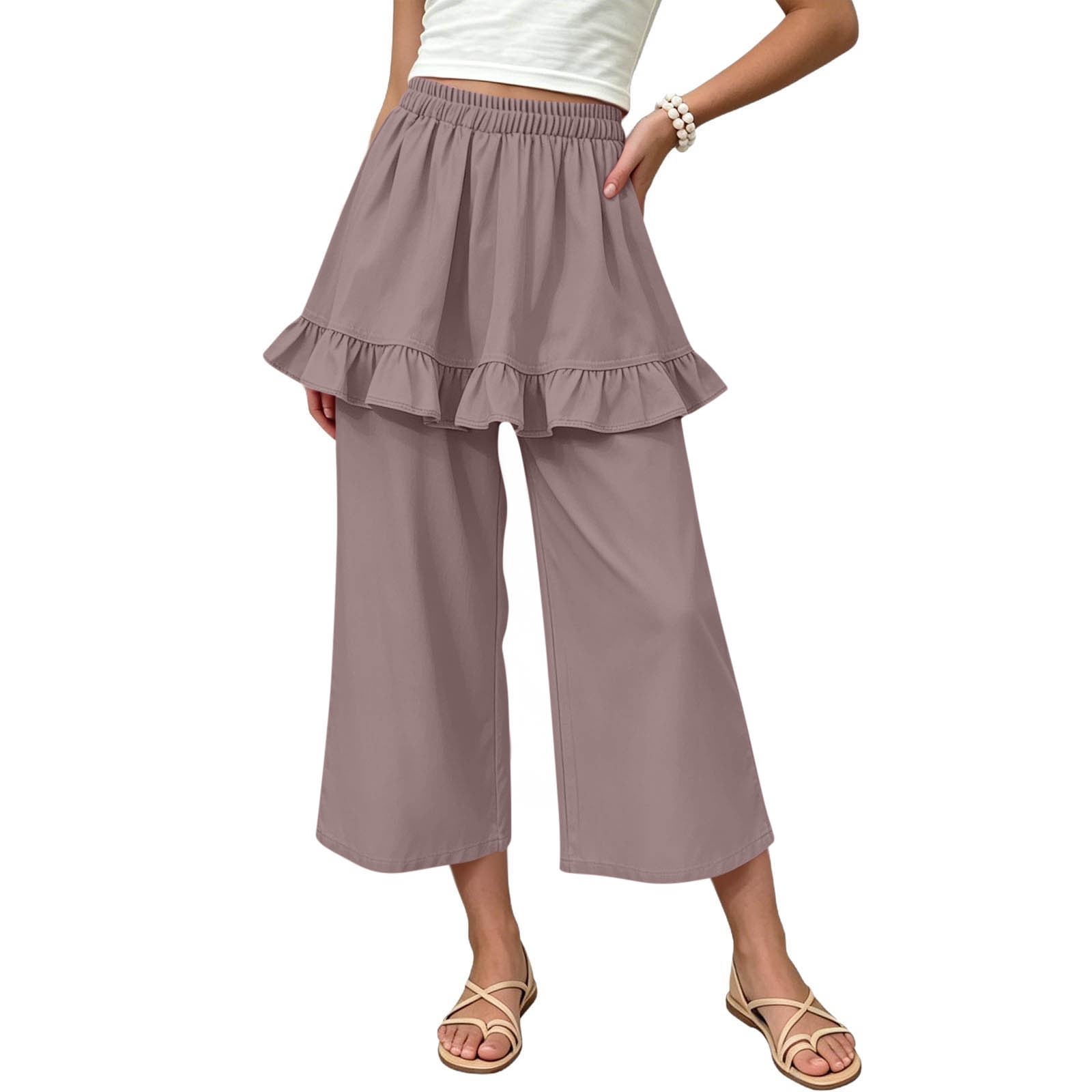 AGKIZG Solid Color Elastic Waist Thin Lace Straight Leg Wide Leg Casual ...