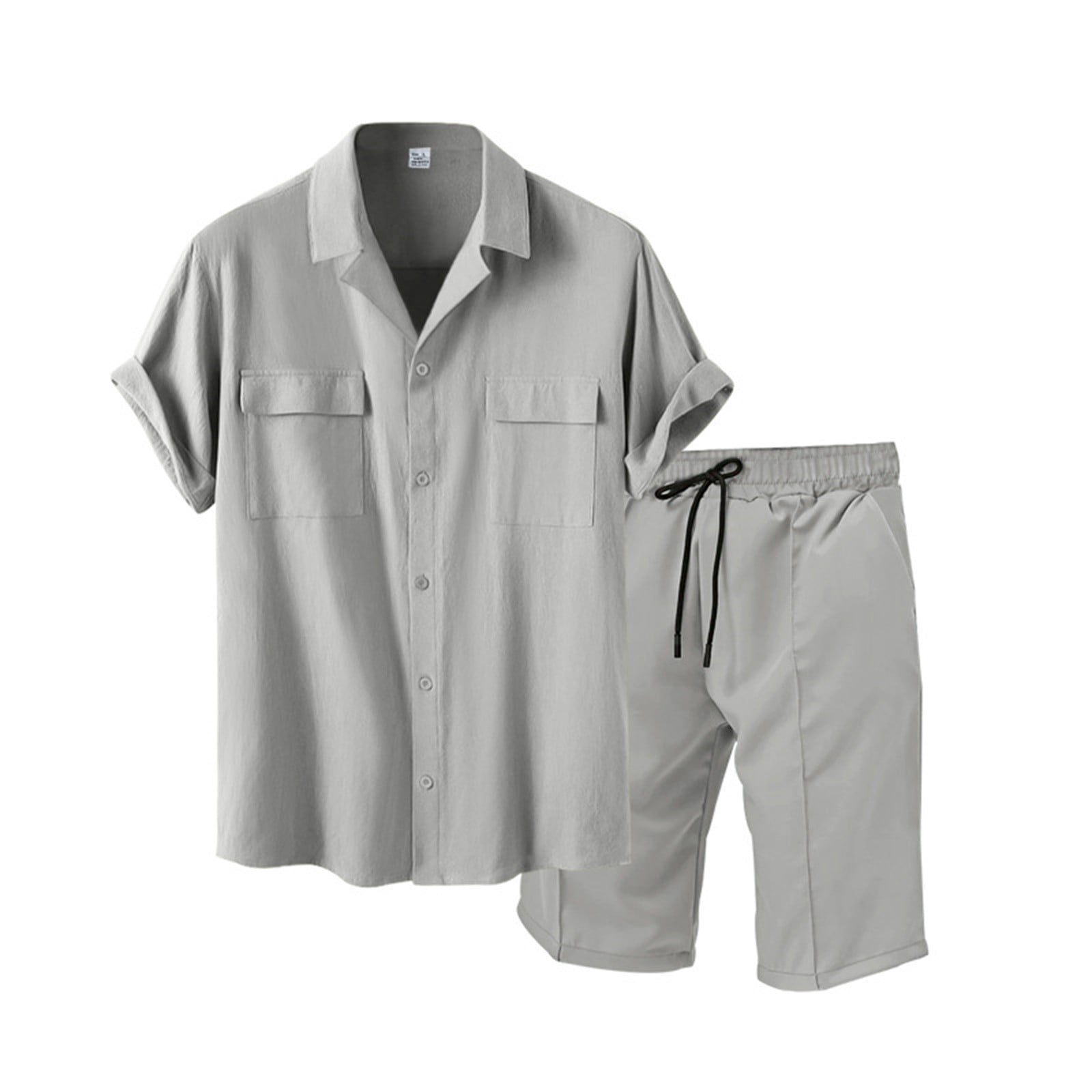 AGKIZG Solid Color Imitation Linen Fashion Short Sleeve Shorts Set Turn ...