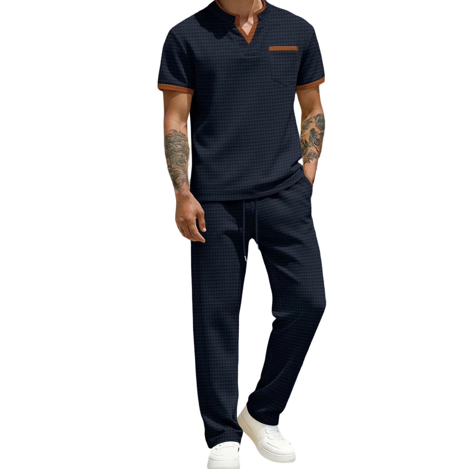 AGKIZG Solid Color Knit Short Sleeve V Neck Pocket T Shirt Straight Leg ...