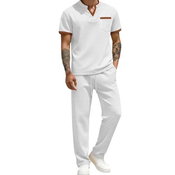 AGKIZG Solid Color Knit Short Sleeve V Neck Pocket T Shirt Straight Leg ...