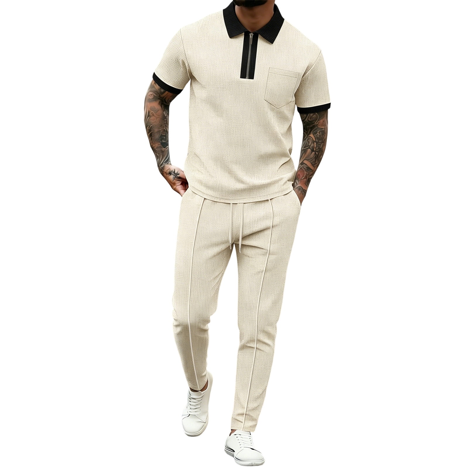 AGKIZG Solid Color Knit Turn Down Collar Half Zip Short Sleeve Shirt ...