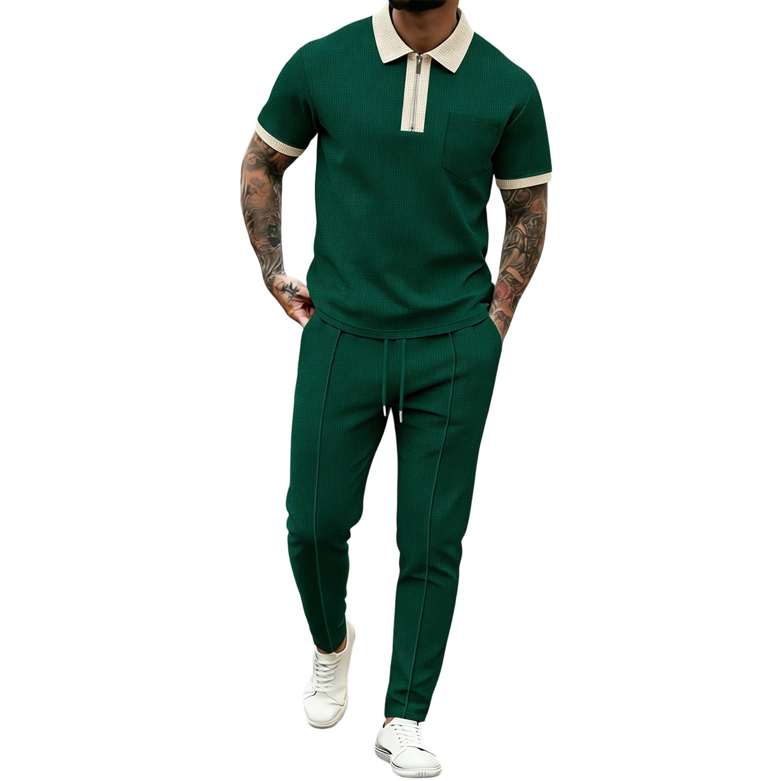 AGKIZG Solid Color Knit Turn Down Collar Half Zip Short Sleeve Shirt ...