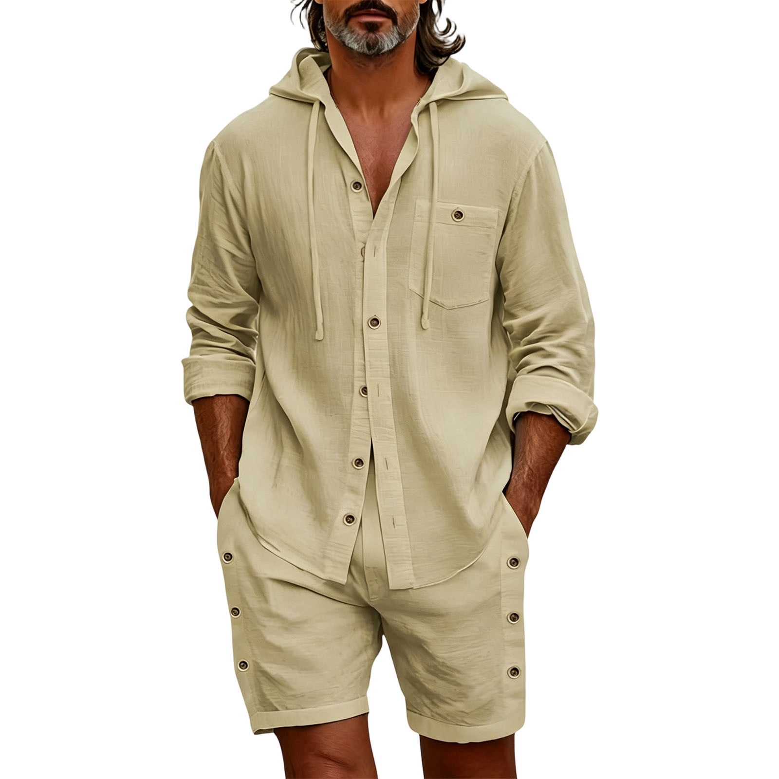 AGKIZG Solid Color Men Casual Long Sleeve Hooded Button Up Top with ...