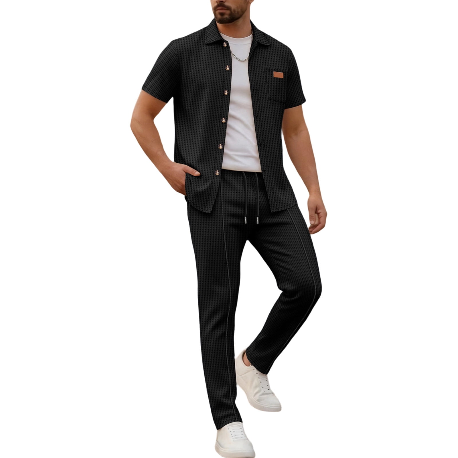 AGKIZG Solid Color Men Casual Long Sleeve Knit Button Up Top with ...