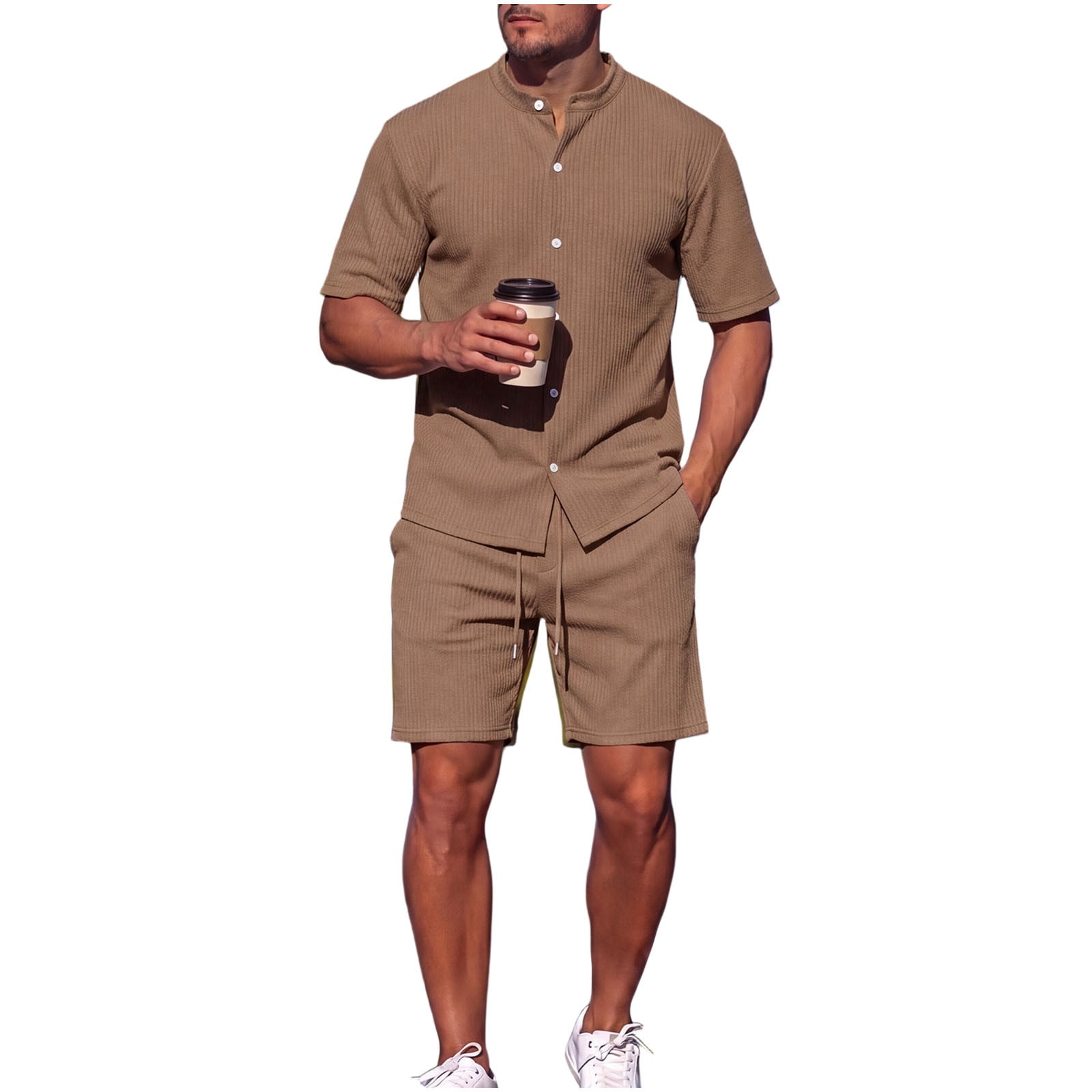 AGKIZG Solid Color Men Short Sleeve Button Stand Collar Top Drawstring ...