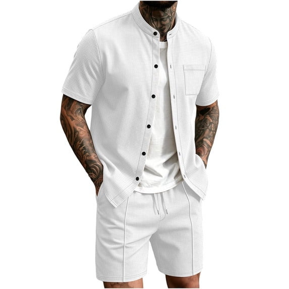 AGKIZG Solid Color Men Short Sleeve Stand Collar Button Up Top Elastic ...
