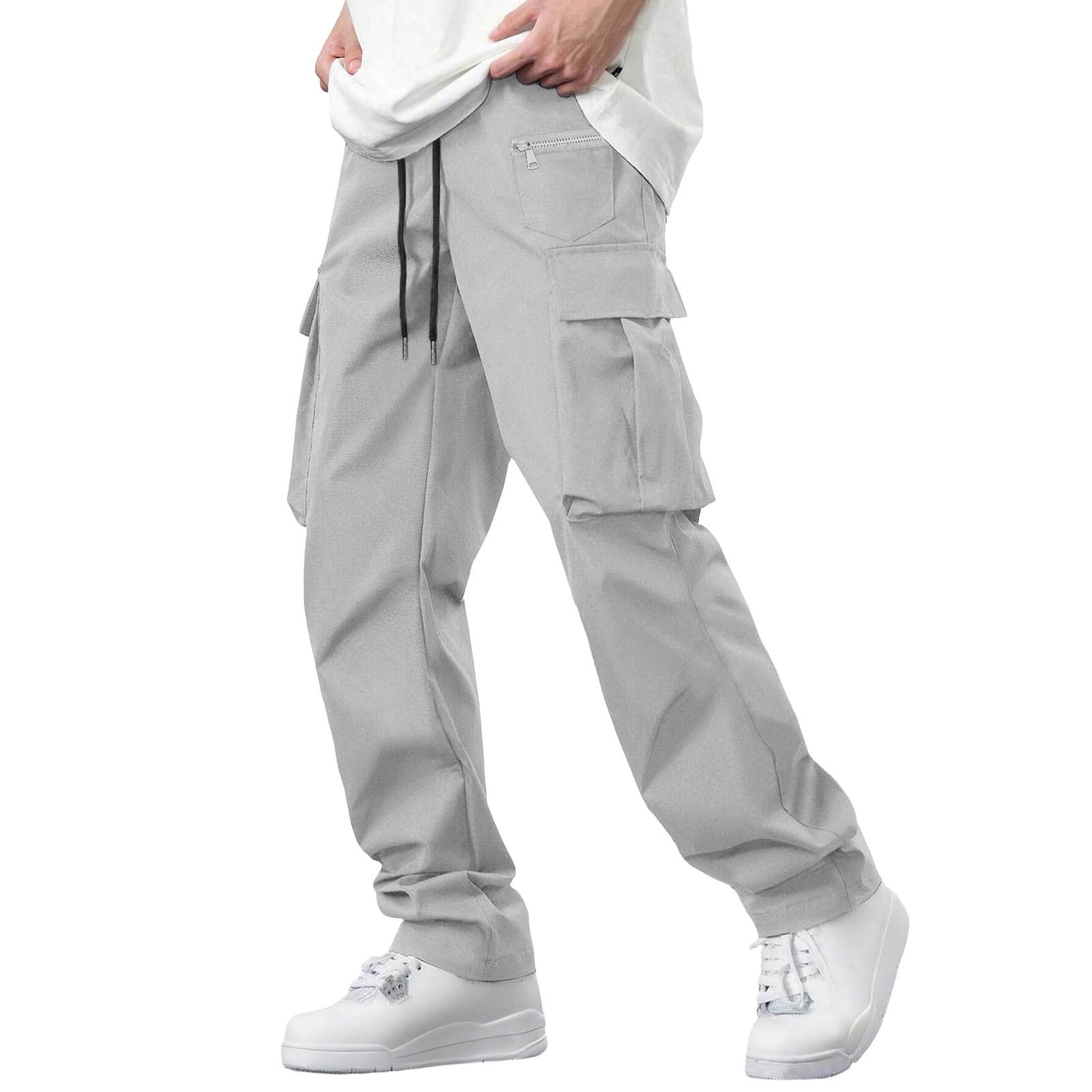 AGKIZG Solid Color Men's Cargo Pants Button Zipper Closure Multi Pocket ...