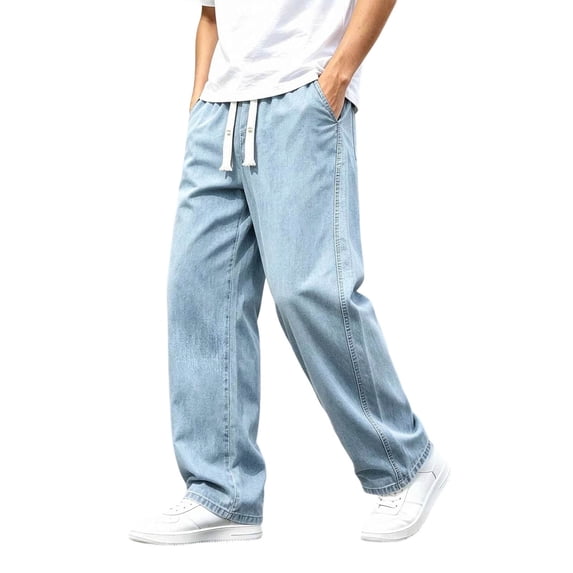 AGKIZG Solid Color Men's Denim Jeans Casual Style Elastic Drawstring ...