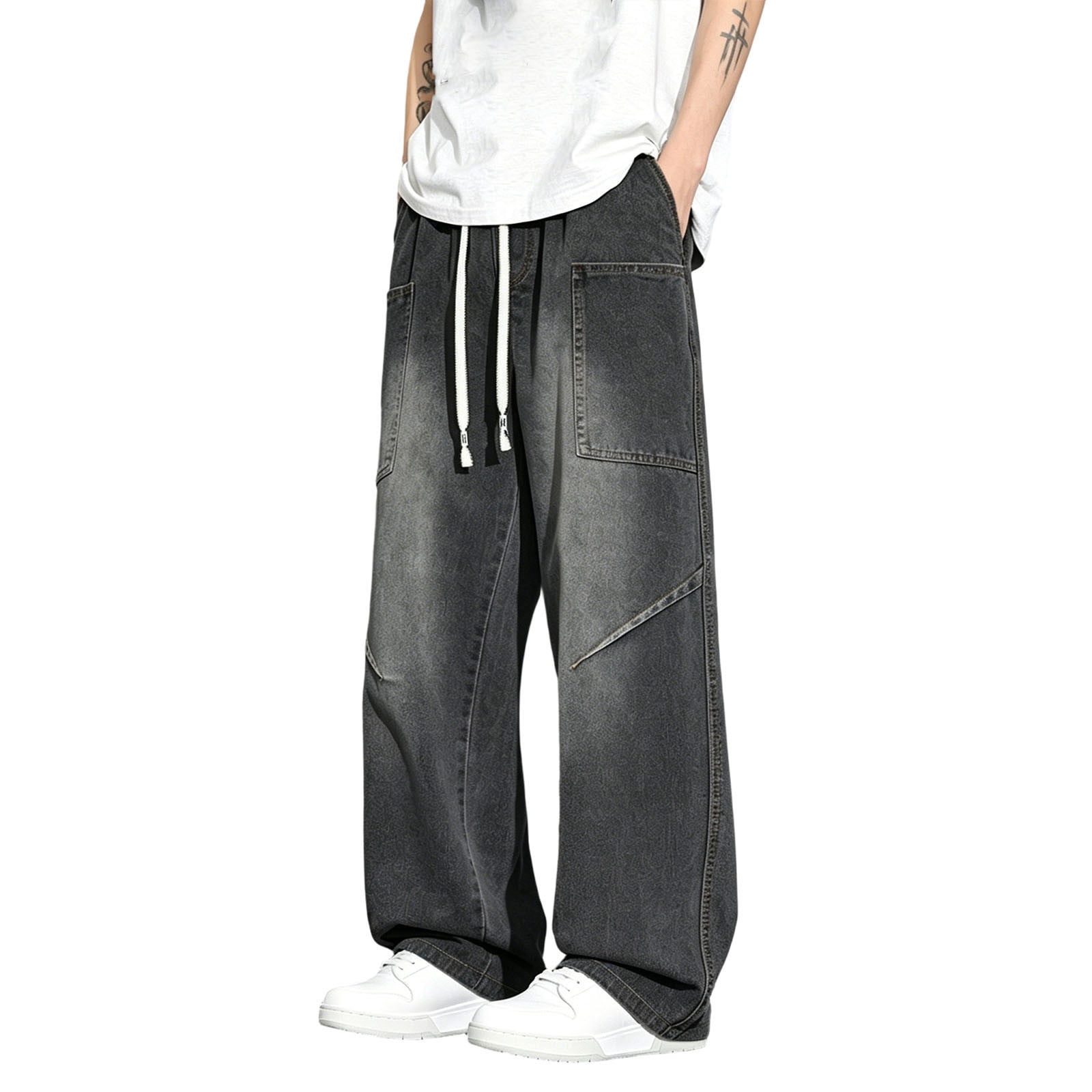 AGKIZG Solid Color Men's Denim Pants Drawstring Waist Loose Wide Leg ...