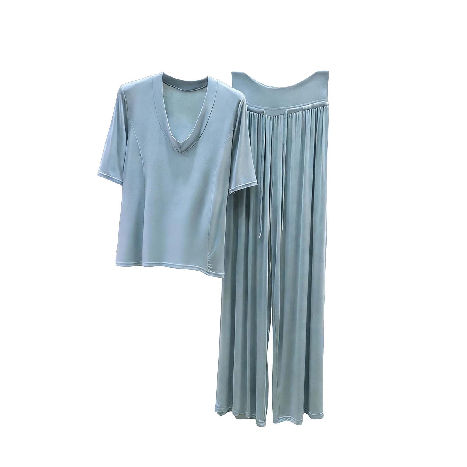 AGKIZG Solid Color Pajama Set for Women Fall V Neck Short Sleeve Top ...