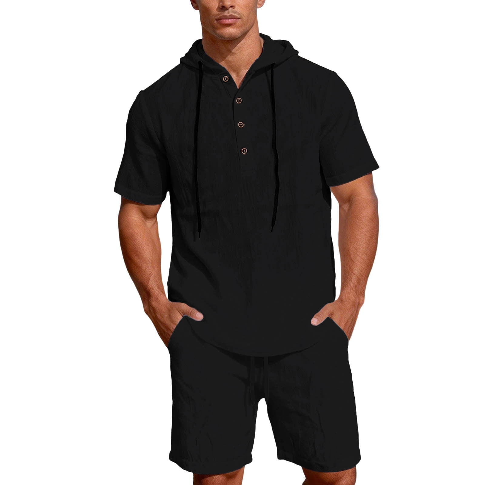 AGKIZG Solid Color Short Sleeve Hooded Button Up Top Stretch Waist ...
