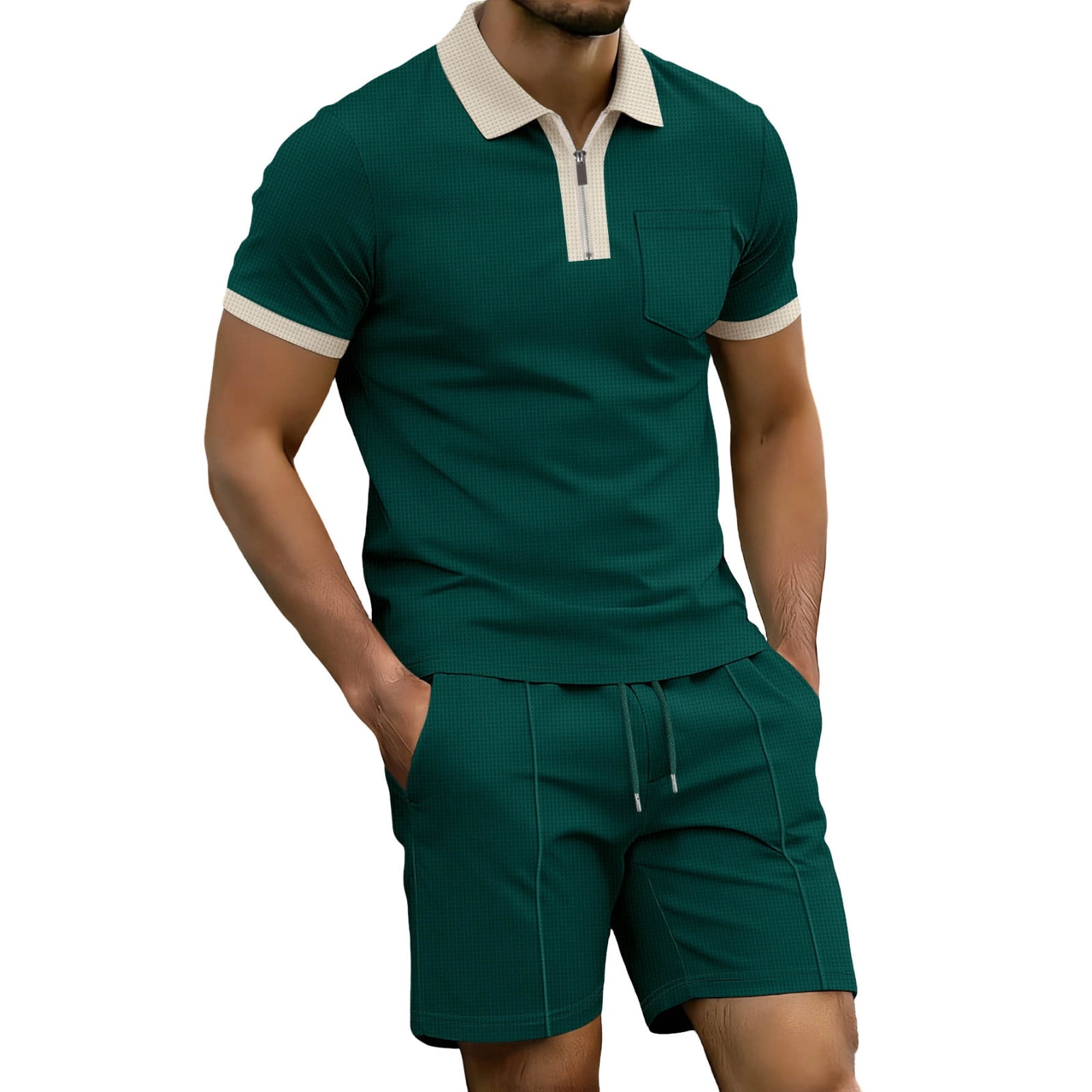 AGKIZG Solid Color Short Sleeve Turn Down Collar Zip Up Knit Casual ...