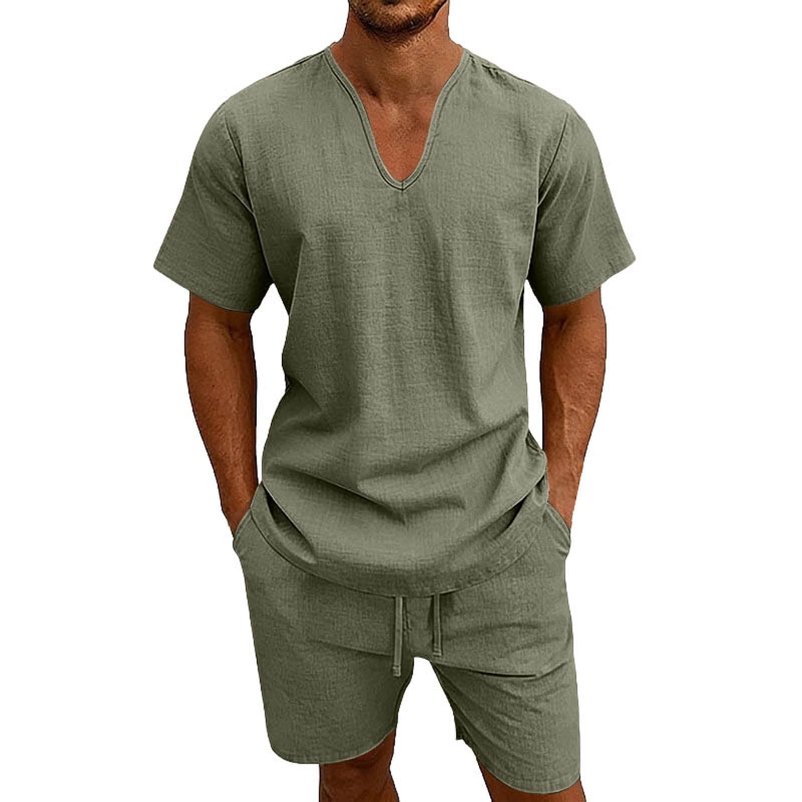 AGKIZG Solid Color Short Sleeve V Neck Top Tapered Waist Shorts Linen ...