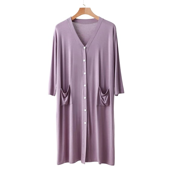AGKIZG Unisex Couple Bathrobe V Neck 3/4 Sleeve Button Sleep Robe Loose ...