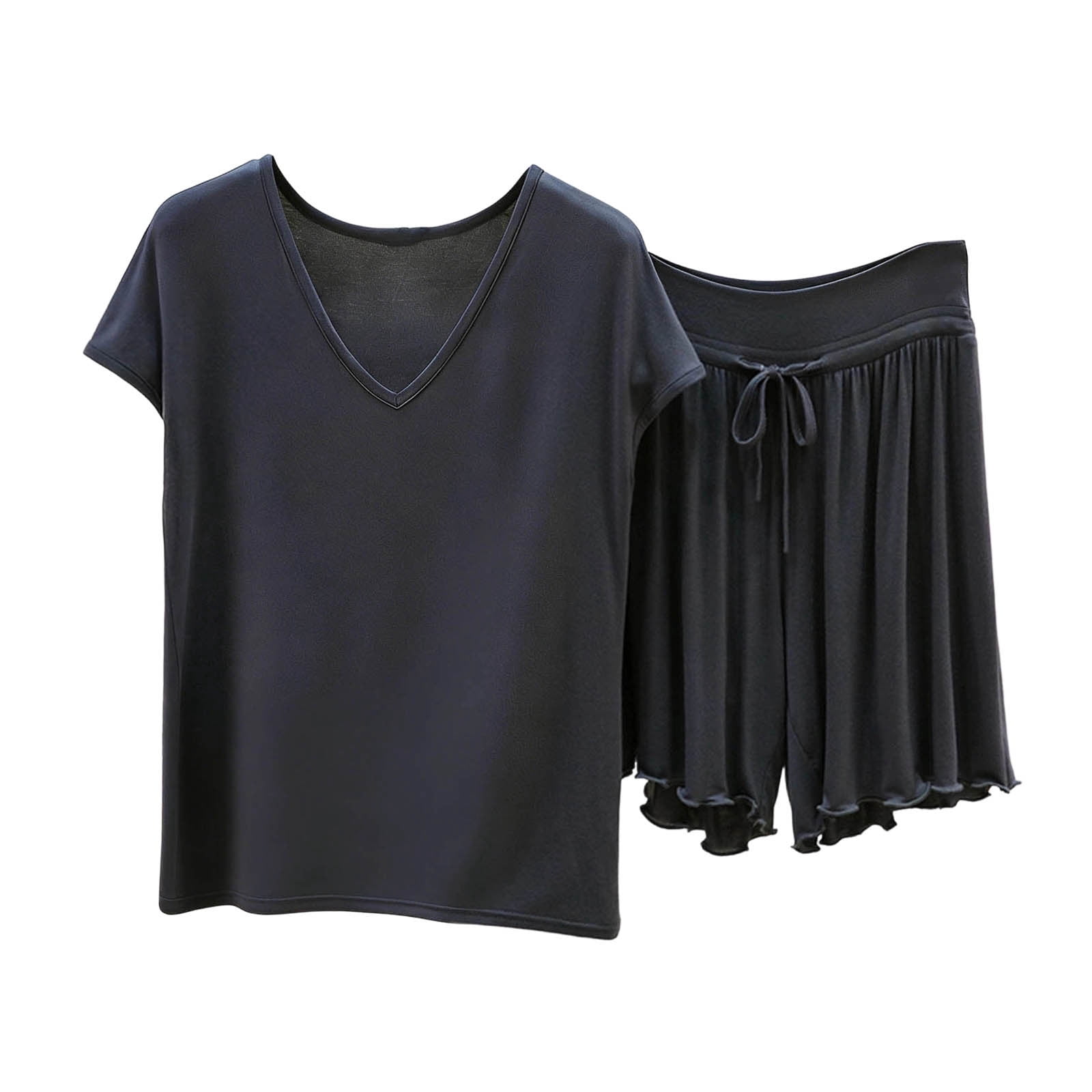 AGKIZG Women Crew Neck Sleeveless Shorts Solid Color Ruffle Home Outfit ...