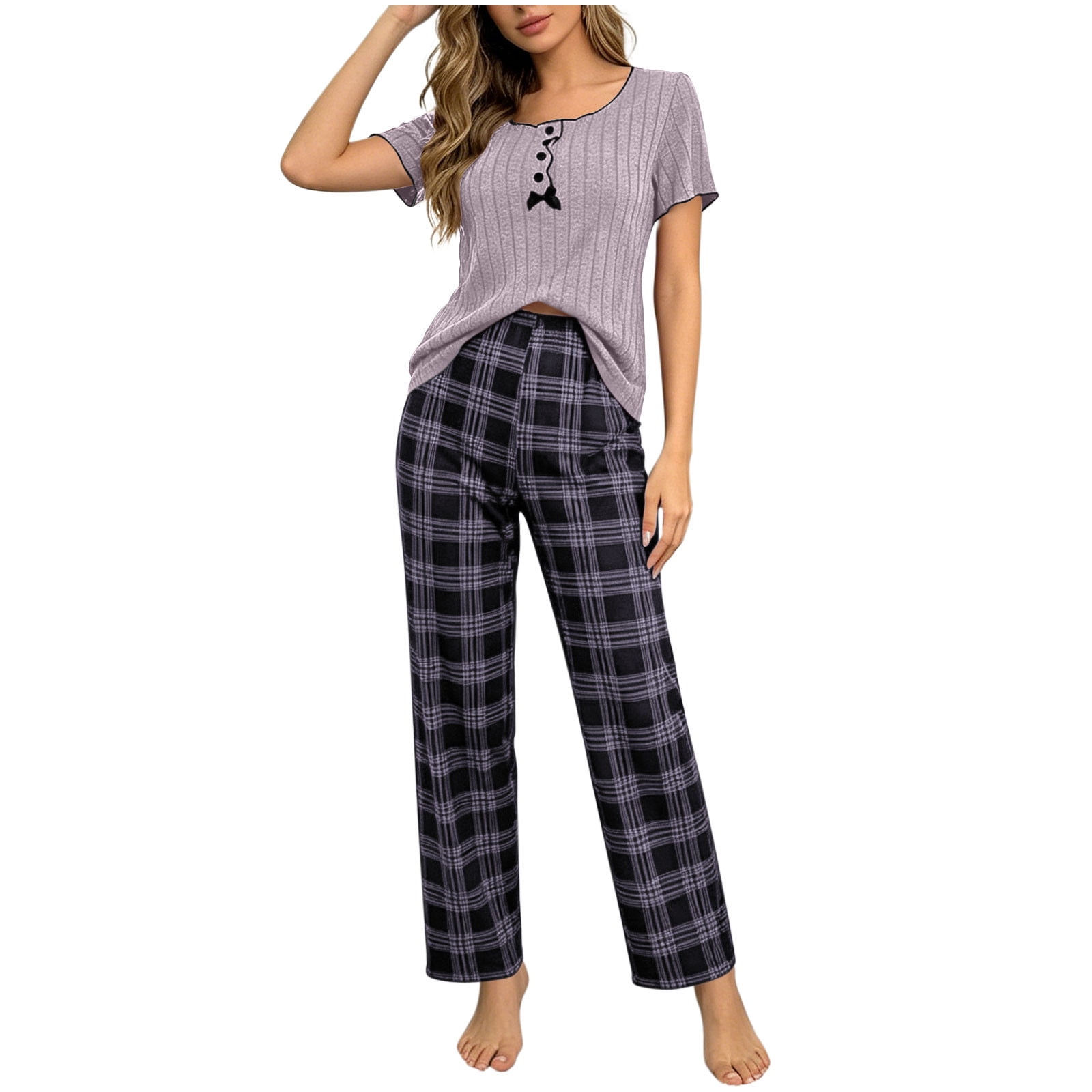 AGKIZG Women Crew Neck Solid Color Bow Short Sleeve Top Plaid Long ...