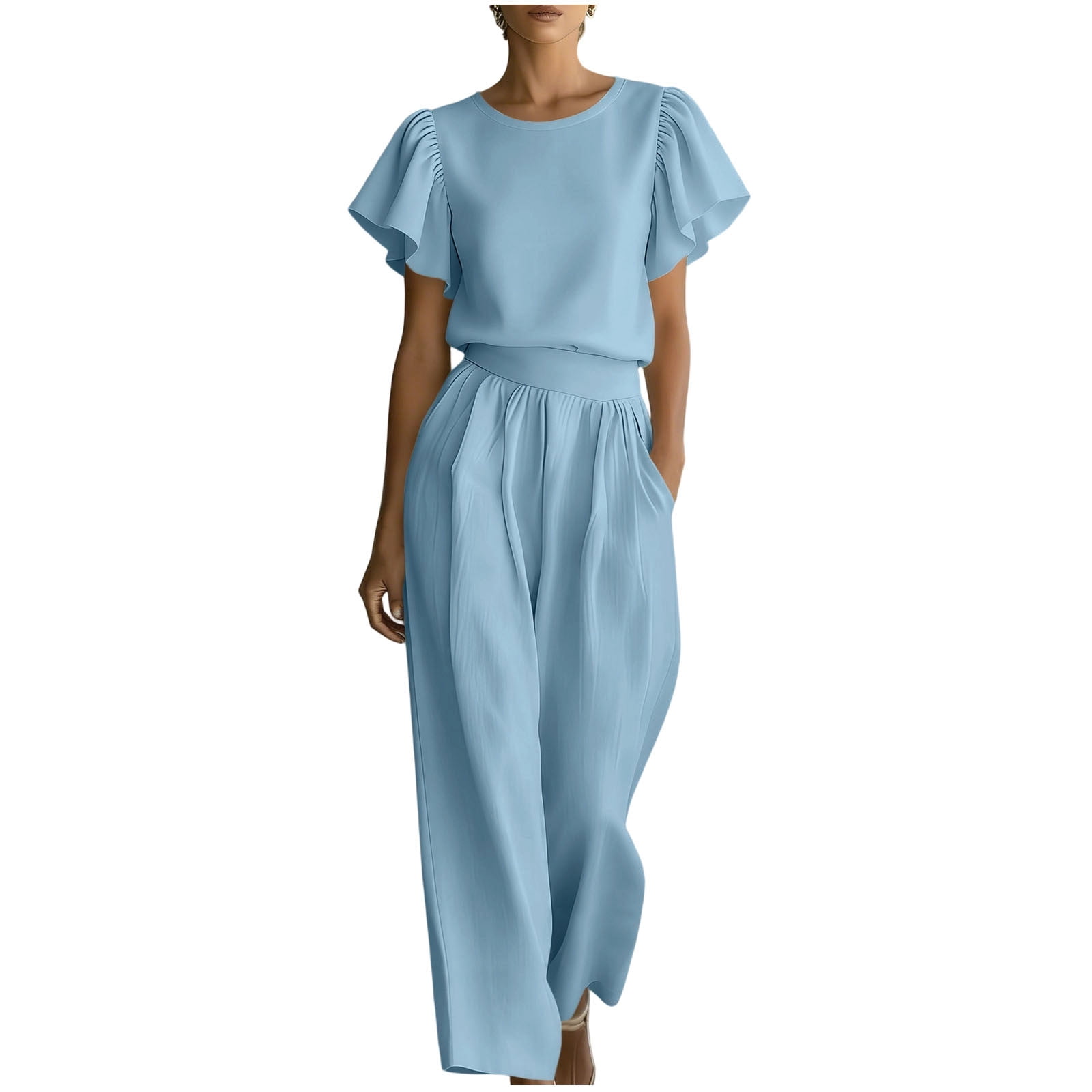 AGKIZG Women Fashion Solid Color Ruffle Short Sleeve Round Neck Top and ...