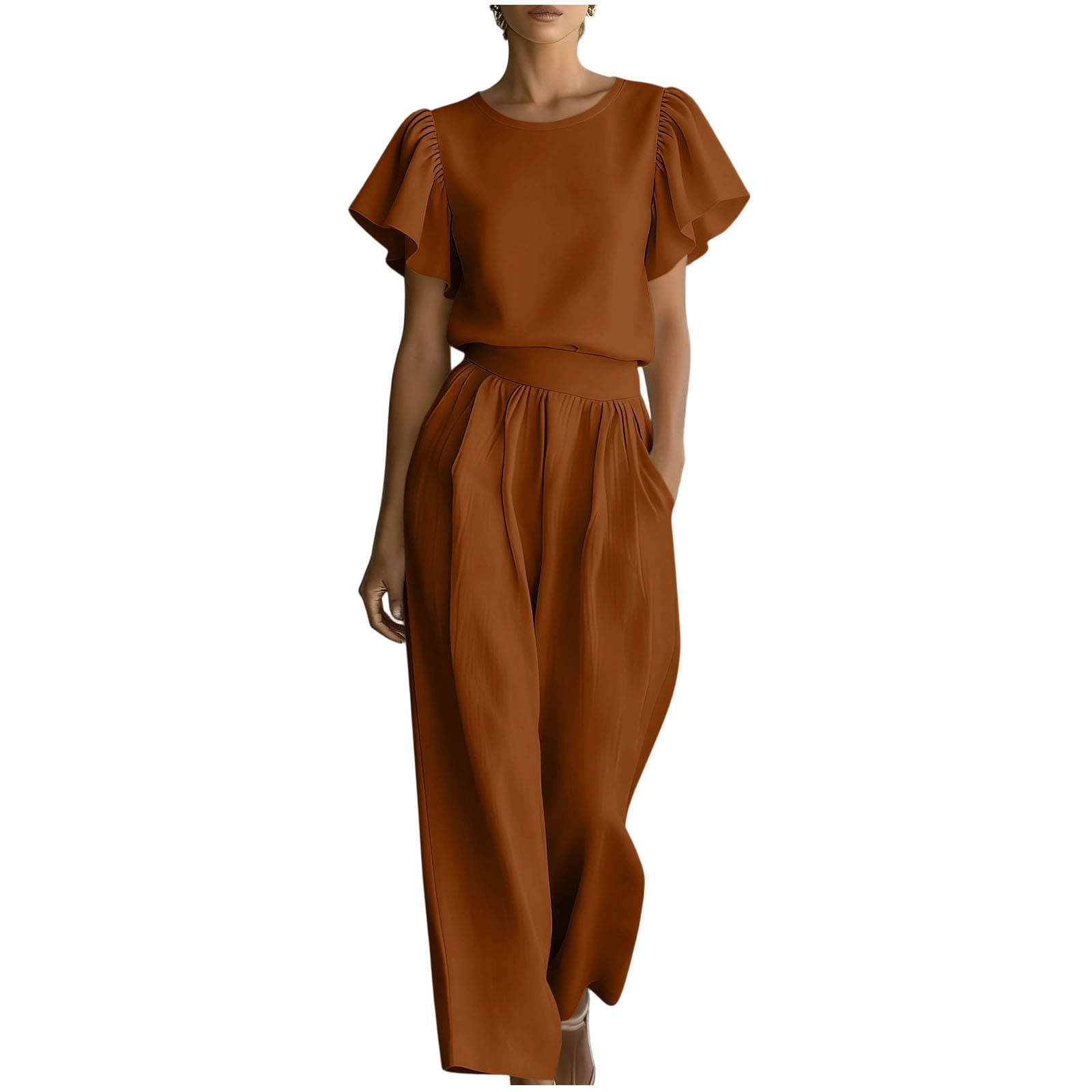 AGKIZG Women Fashion Solid Color Ruffle Short Sleeve Round Neck Top and ...