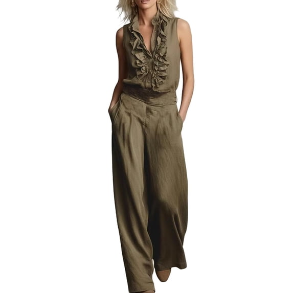 AGKIZG Women Ruffle V Neck Sleeveless Casual Loose Solid Color Wide Leg ...