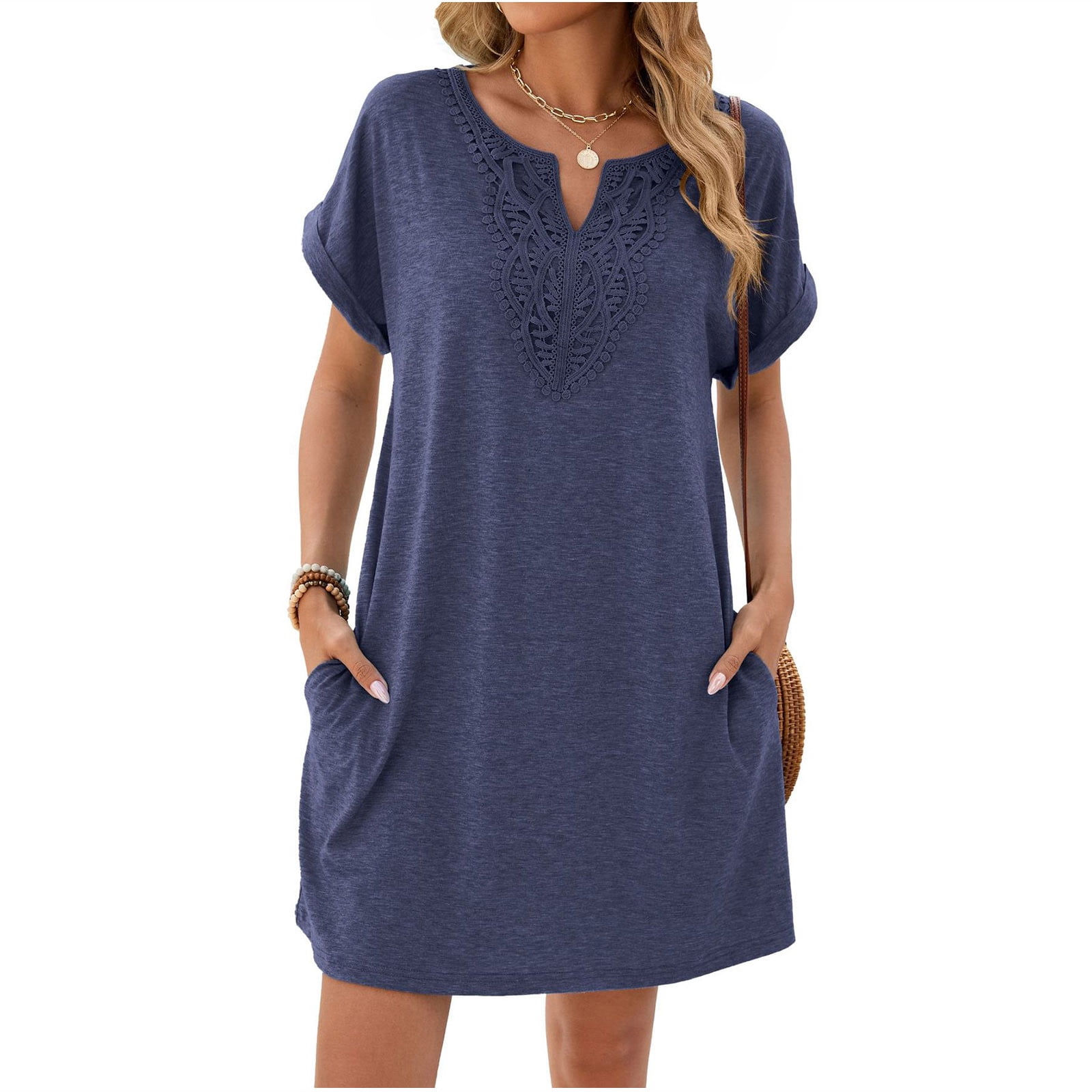 AGKIZG Women Solid Color V Neck Short Sleeve Mini Nightdress with Lace ...