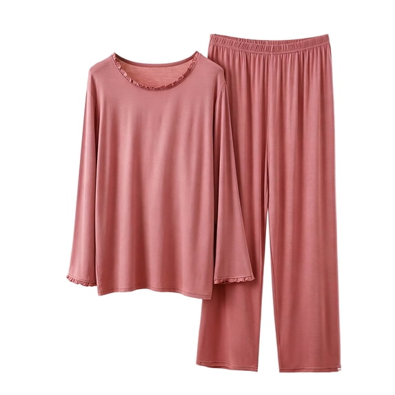 AGKIZG Women Thin Solid Color Ruffle Crew Neck Long Sleeve Top Elastic ...