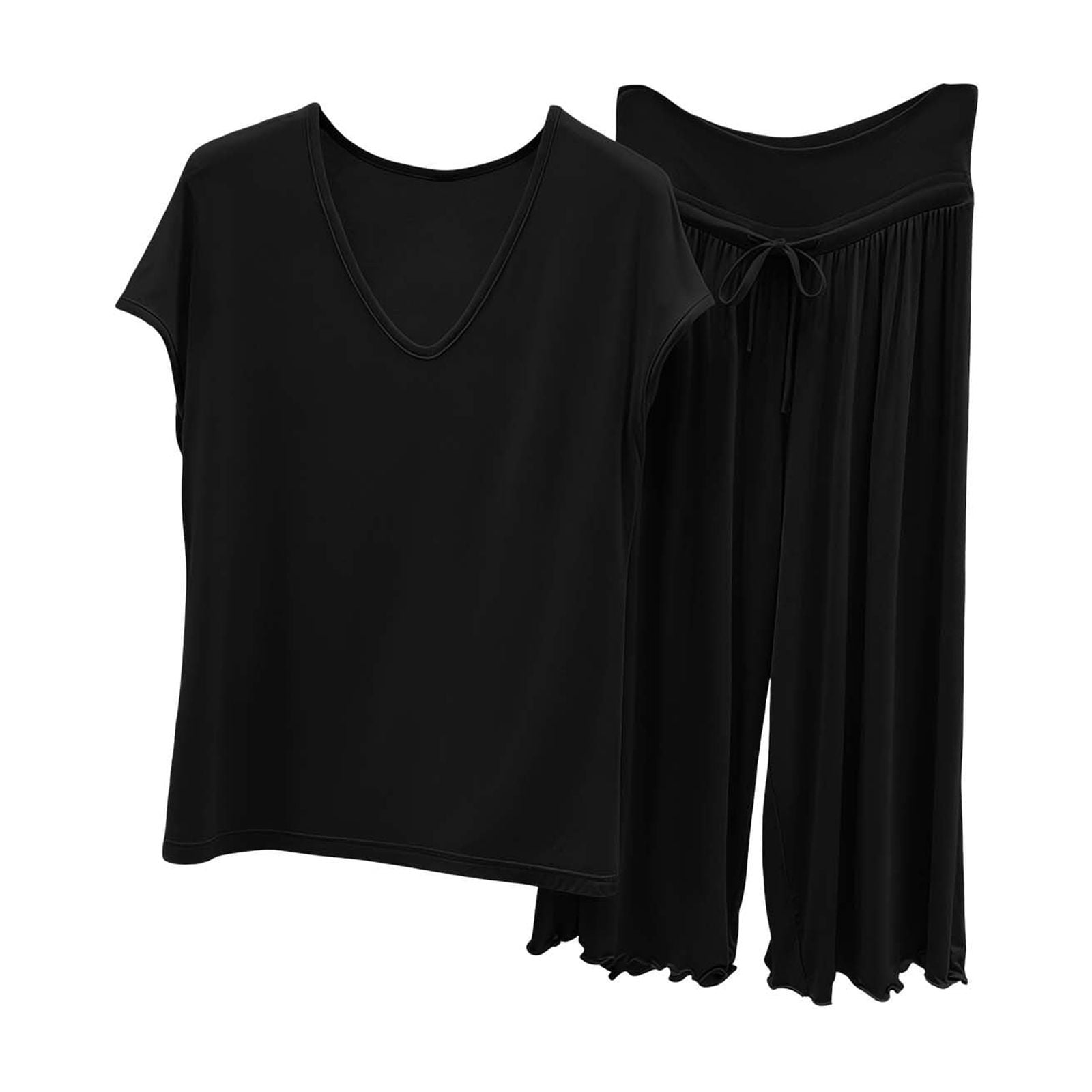 AGKIZG Women V Neck Short Sleeve Long Pants Solid Color Ruffle ...