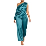 AGKIZG Women's Satin Fabric 2 Piece Set Slant Neck Short Sleeve Top ...