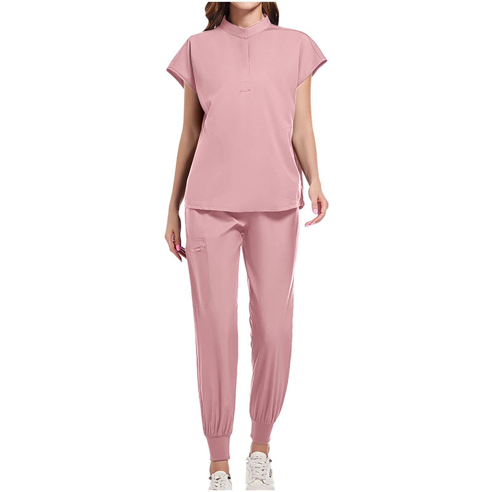 AGKIZG Women's Solid Color Casual Nurse Caregiver Uniform Short Sleeve ...