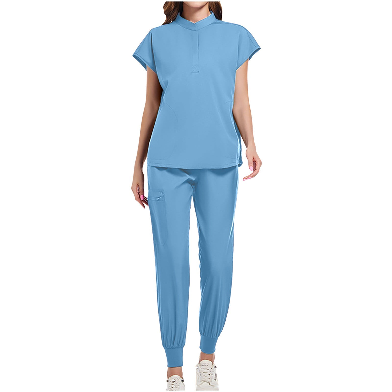 AGKIZG Women's Solid Color Casual Nurse Caregiver Uniform Short Sleeve ...