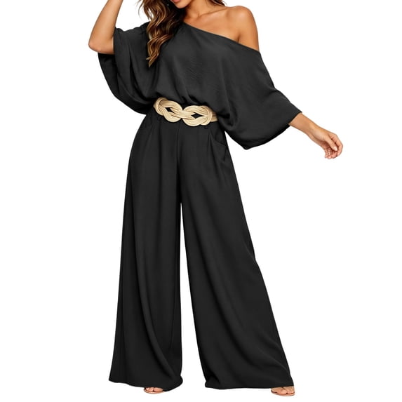 AGKIZG Women's Solid Color Off Shoulder Wide Sleeve Top Wide Leg Pants ...