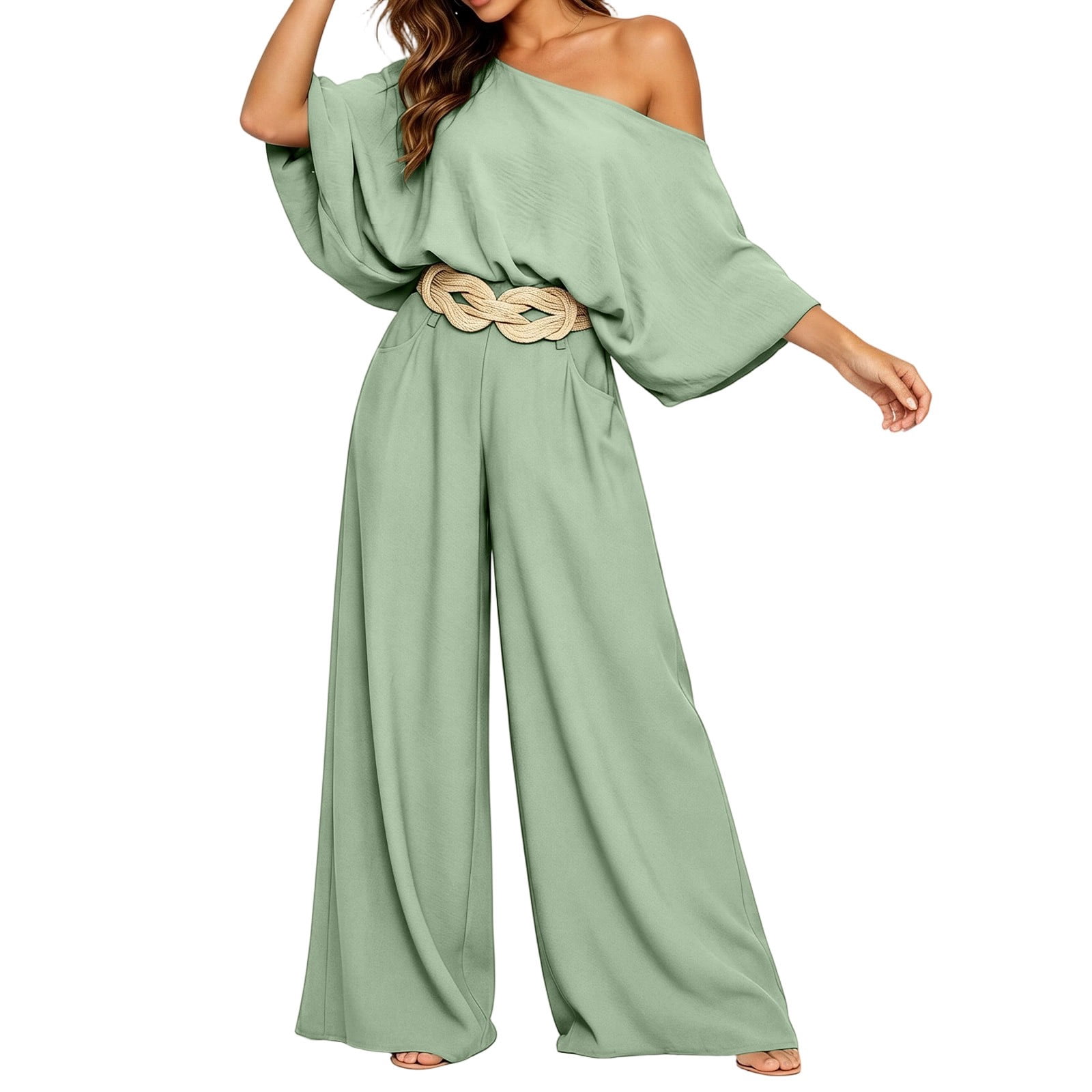 AGKIZG Women's Solid Color Off Shoulder Wide Sleeve Top Wide Leg Pants ...
