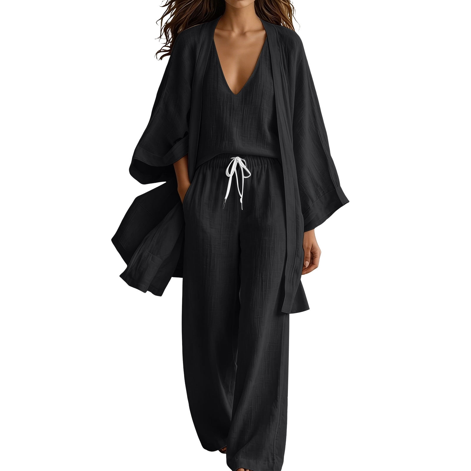 AGKIZG Women's Solid Color Sleeveless Long Sleeve Cardigan Long Pants ...