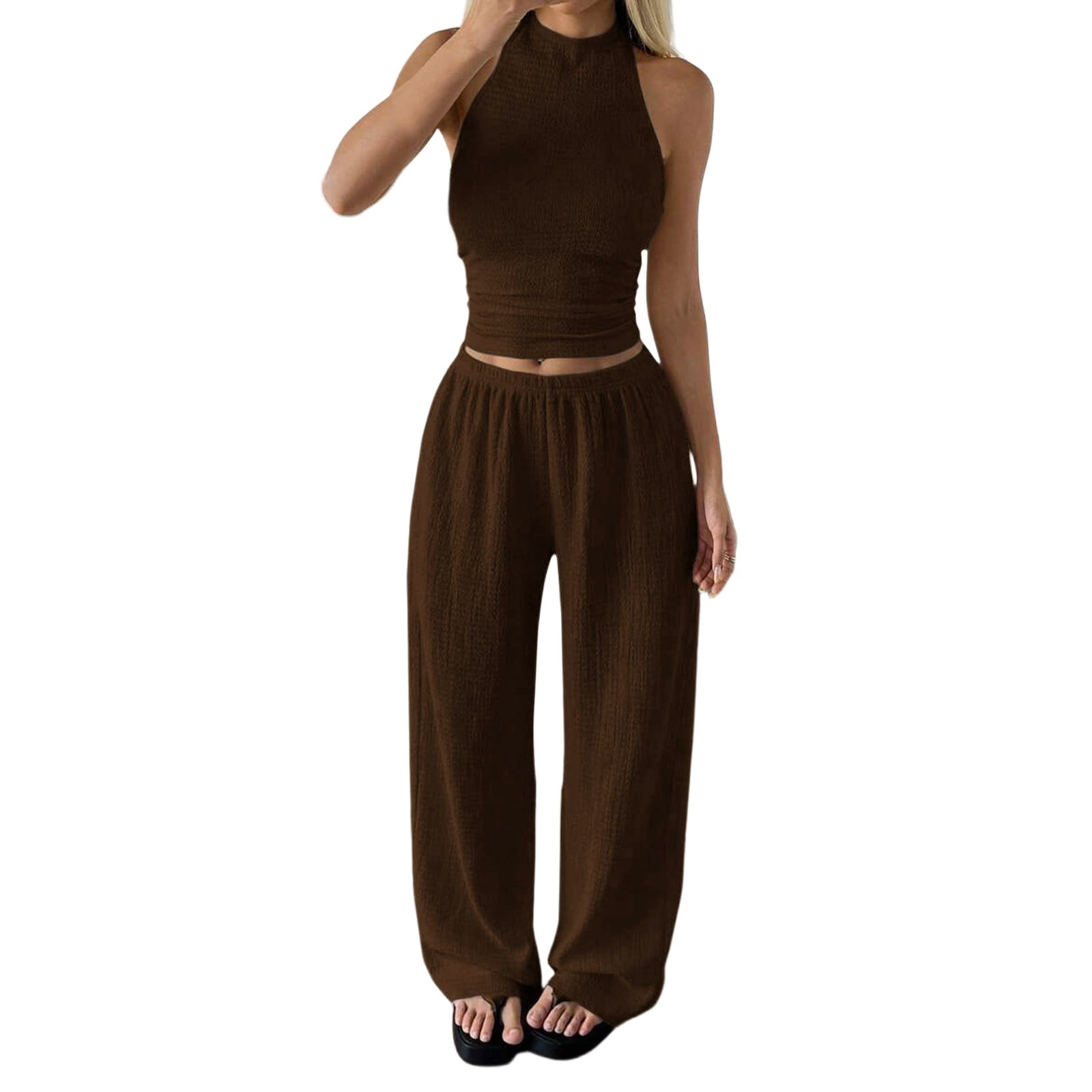 AGKIZG Women's Solid Color Sleeveless Top Wide Leg Pants Casual Daily ...