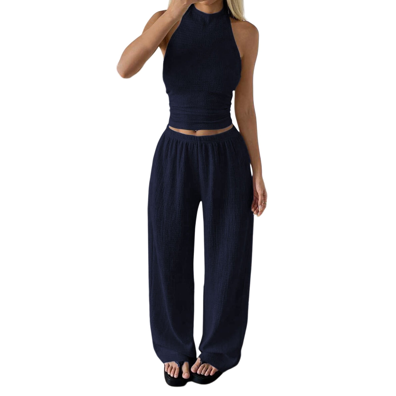 AGKIZG Women's Solid Color Sleeveless Top Wide Leg Pants Casual Daily ...