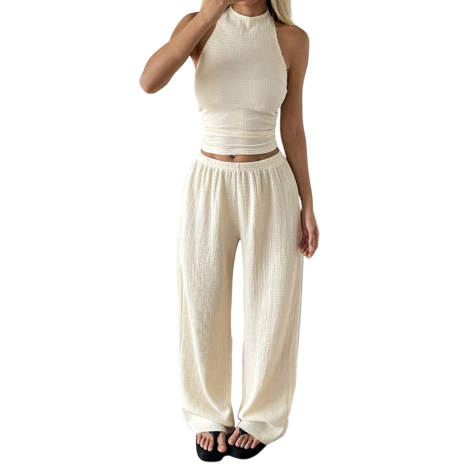 AGKIZG Women's Solid Color Sleeveless Top Wide Leg Pants Casual Daily ...