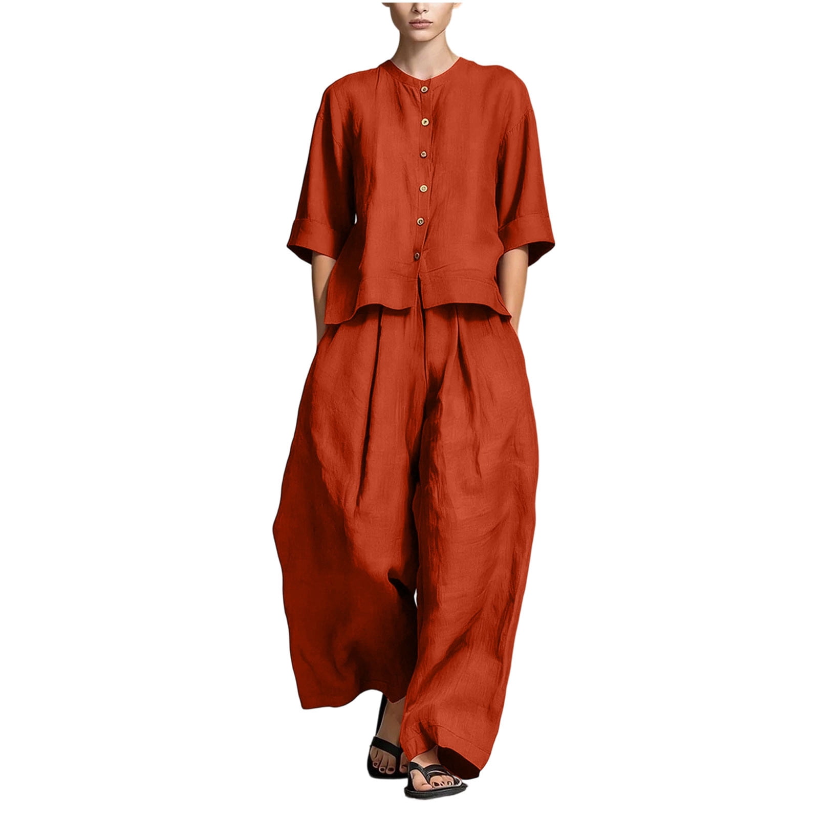 AGKIZG Women's Solid Color Summer Casual Loose Cotton Linen Shirt 3/4 ...