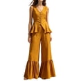AGKIZG Women's Solid Color V Neck Button Front Top Linen Ruffle Hem ...