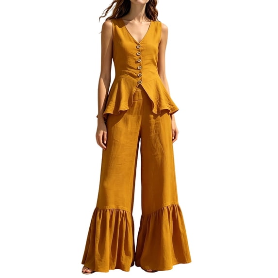 AGKIZG Women's Solid Color V Neck Button Front Top Linen Ruffle Hem ...