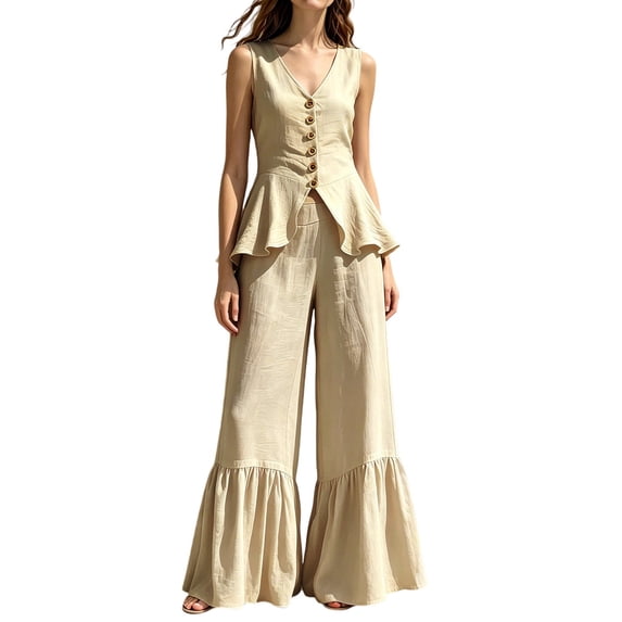 AGKIZG Women's Solid Color V Neck Button Front Top Linen Ruffle Hem ...
