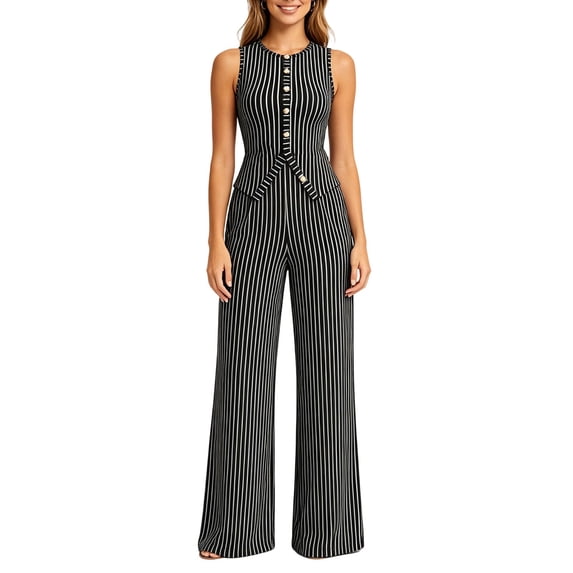 AGKIZG Women's Striped Sleeveless Button Front Round Neck Slim Wide Leg ...