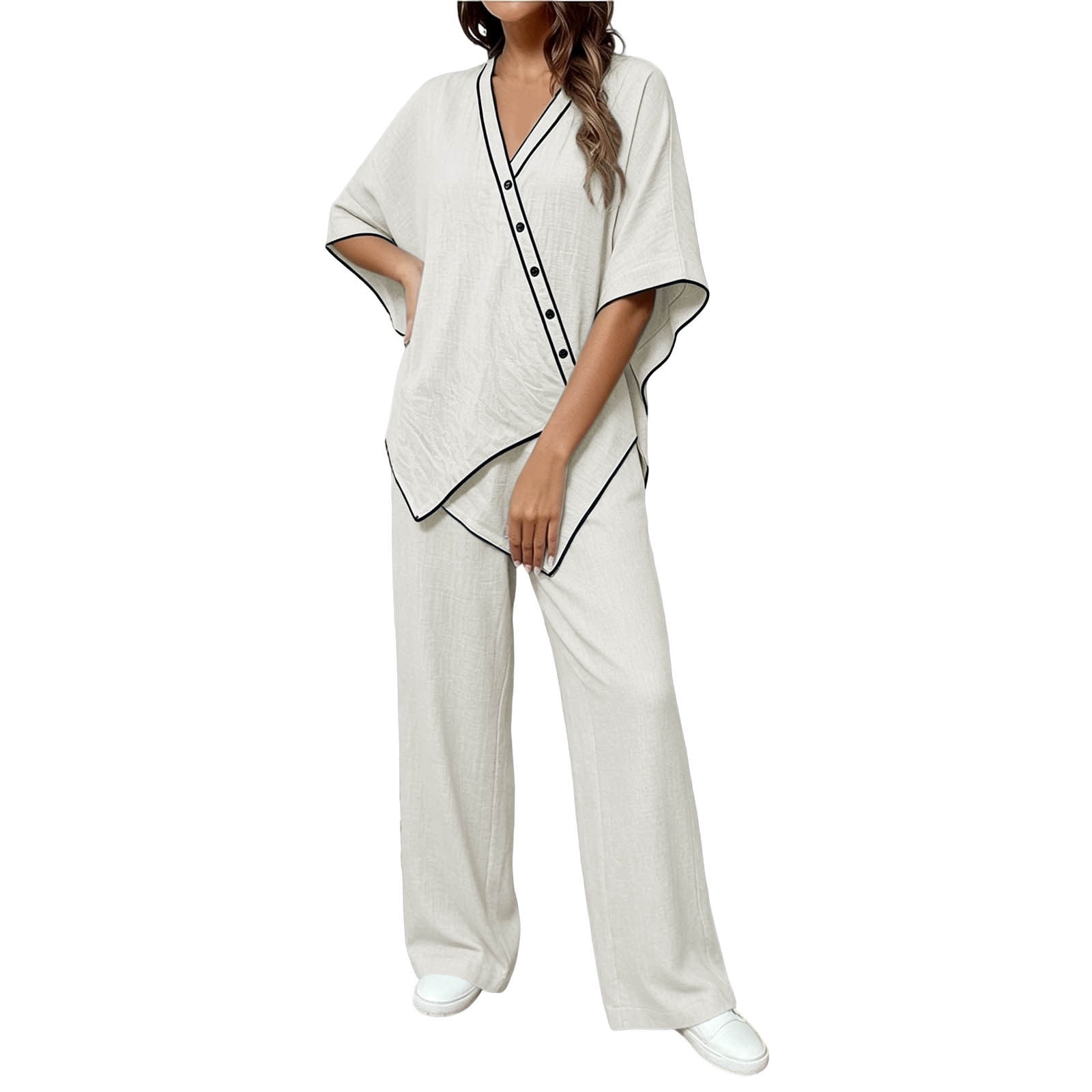 AGKIZG Women's Summer Casual Fashion Solid Color Button V Neck Top Wide ...