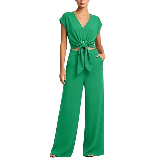 AGKIZG Women's Summer V Neck Waist Crop Top Wide Leg Pants Casual Daily ...