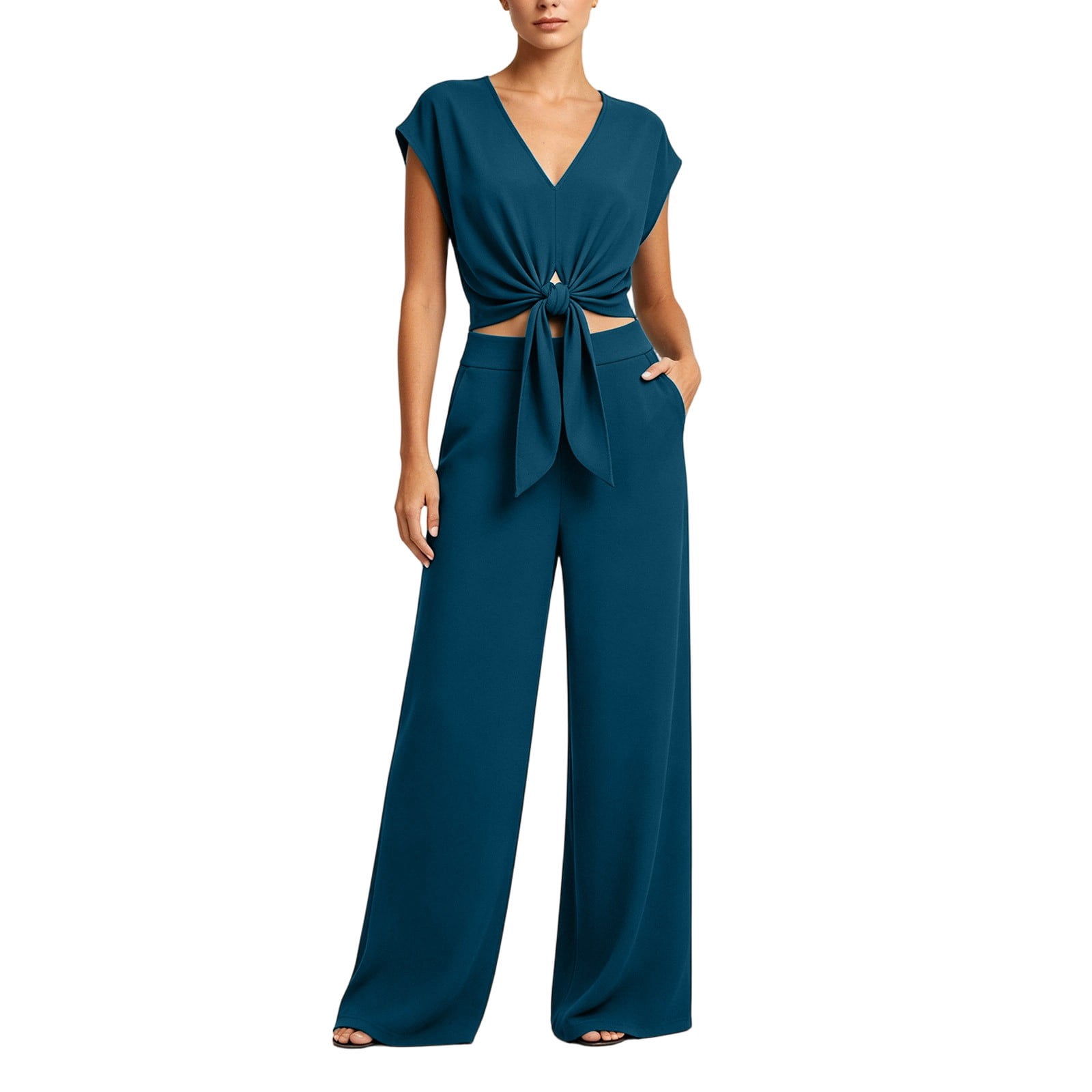 AGKIZG Women's Summer V Neck Waist Crop Top Wide Leg Pants Casual Daily ...