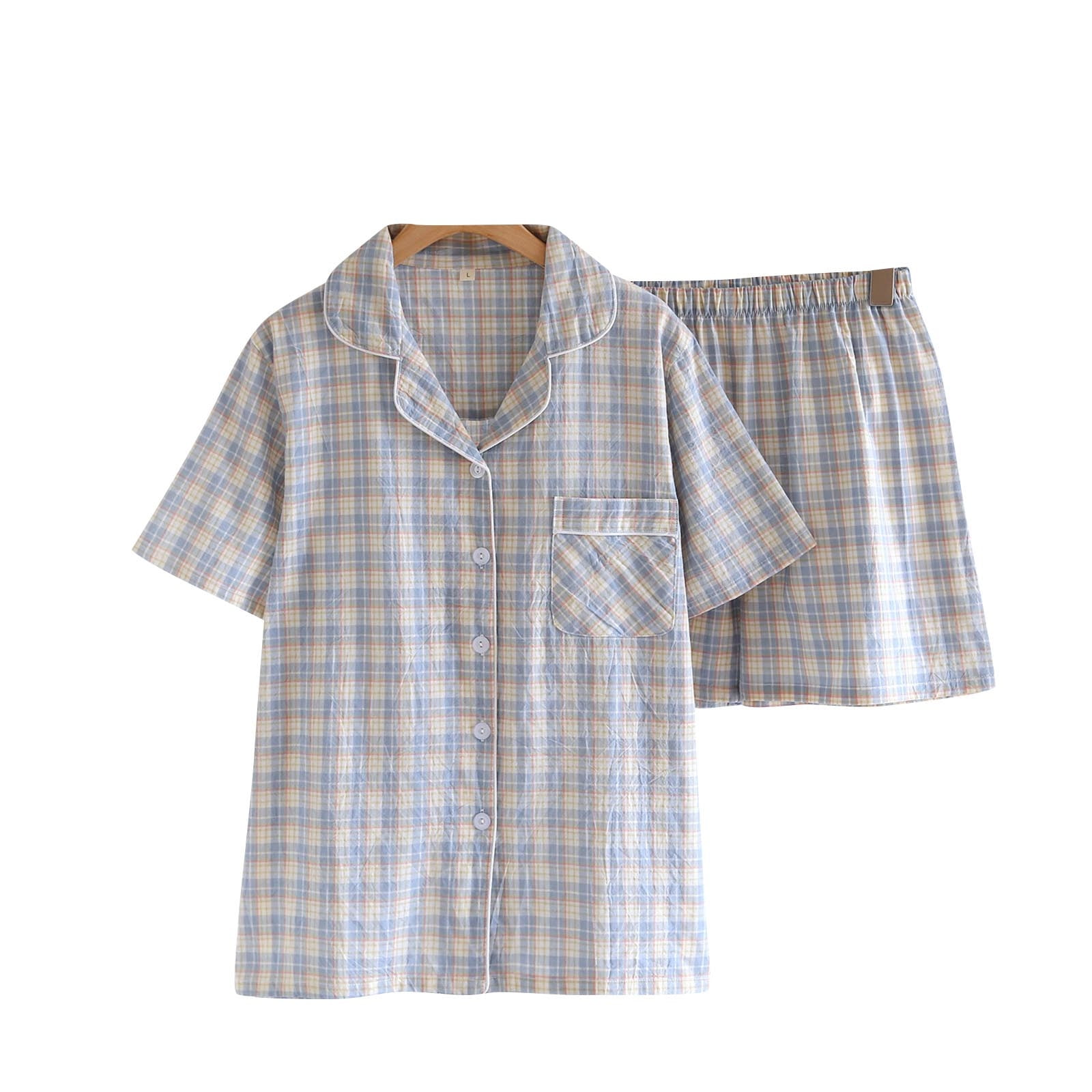 AGKIZG Women's Washed Cotton Plaid Short Sleeve Lapel Shorts Pajama Set ...