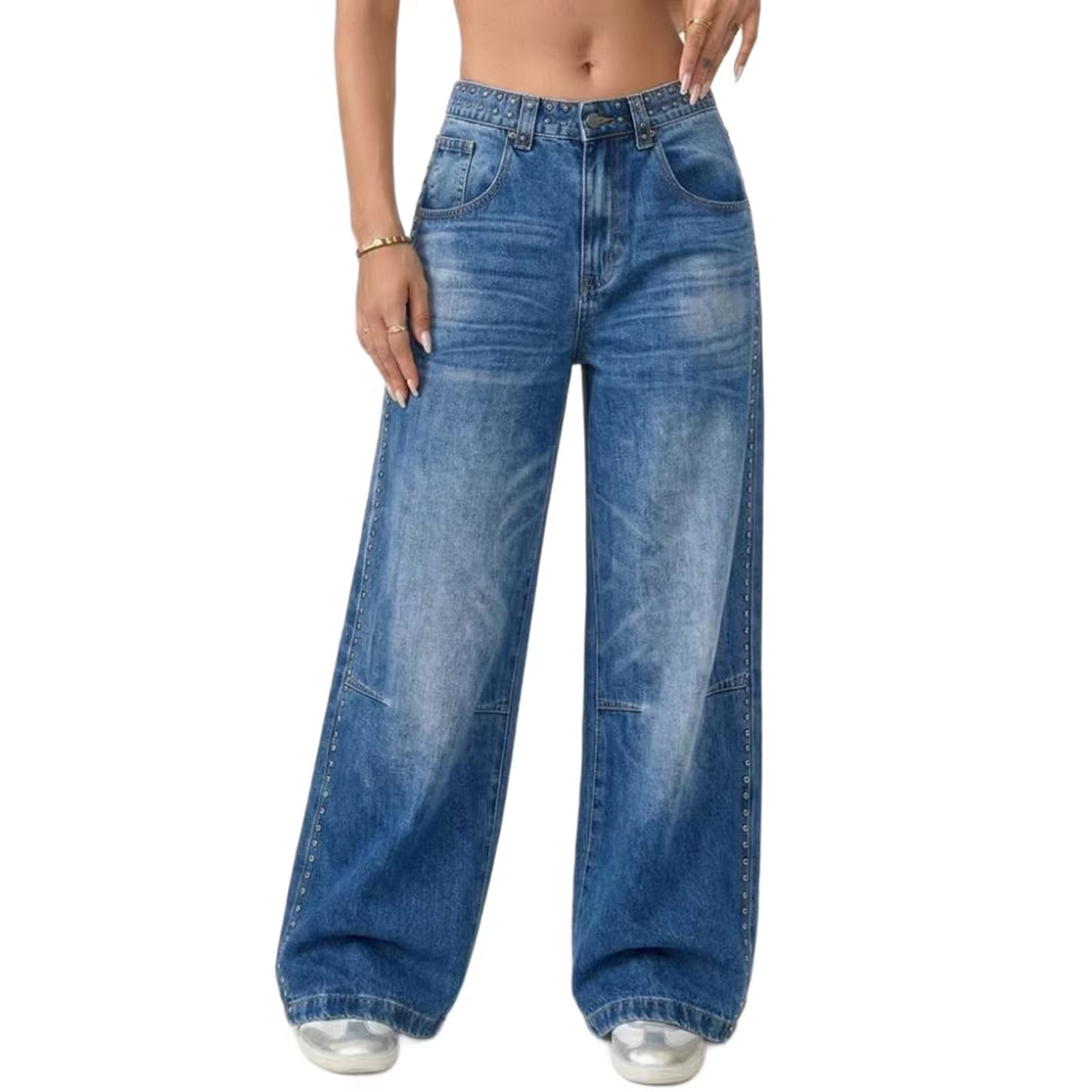 AGKIZG Womens High Waist Washed Wide Leg Denim Pants Multi Bead Loose ...