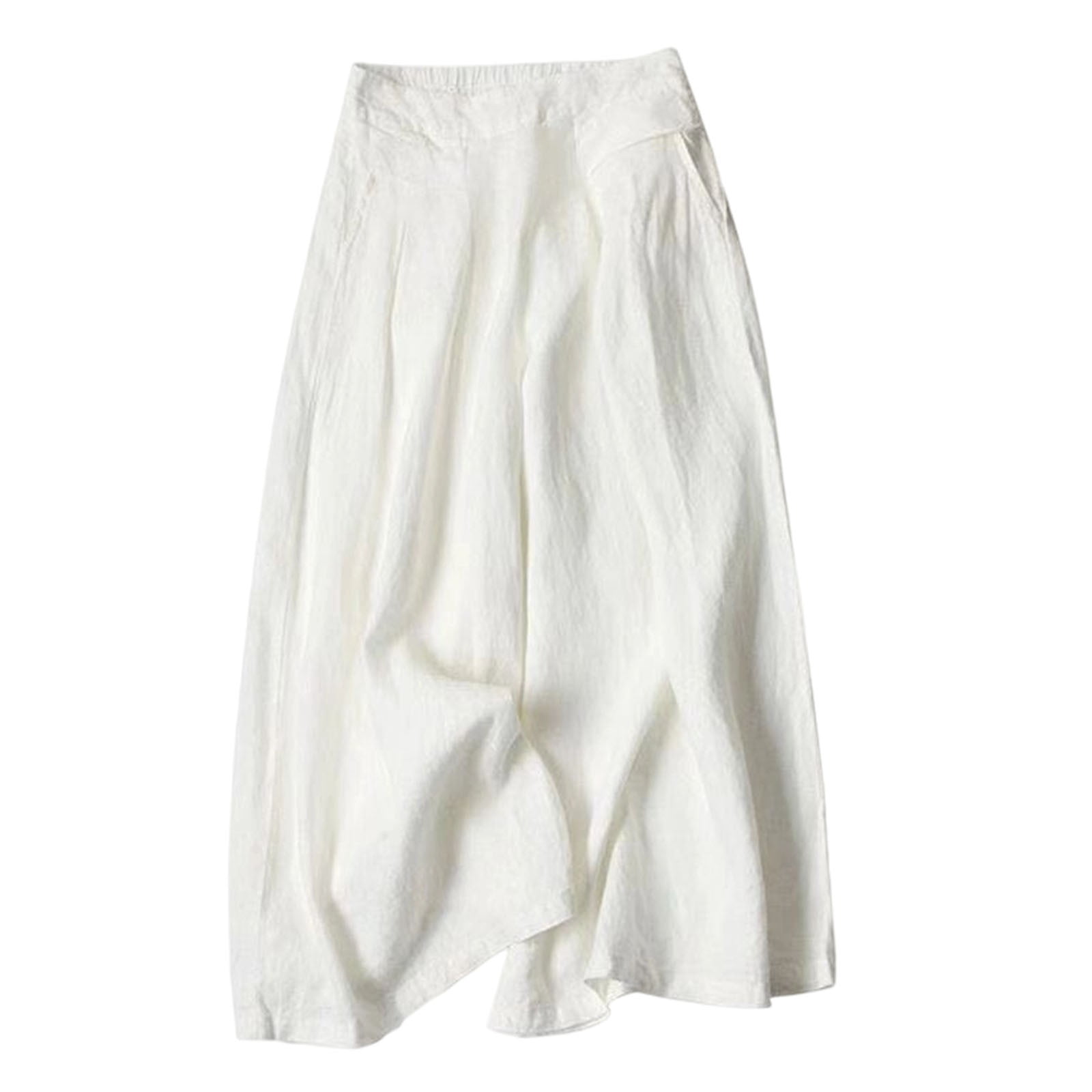 AGKIZG Womens Solid Color Linen 9 Length Pants with Side Pockets High ...
