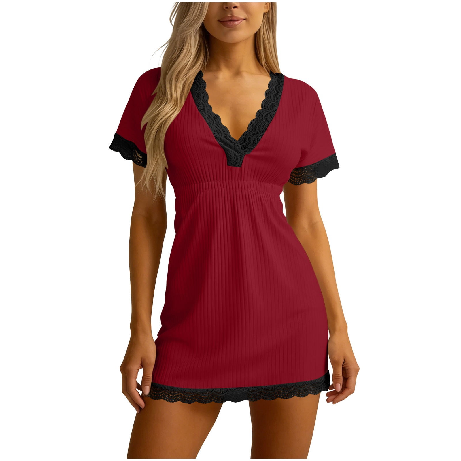 AGKIZG Womens Solid Color Short Sleeve Nightgown Lace Round Neck Short ...